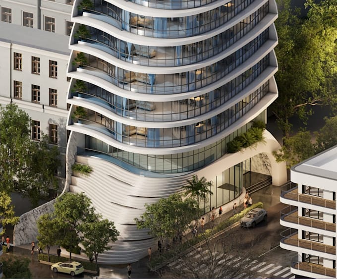 Redesign complex apartment, building lighting, elevation, exterior cgi ...
