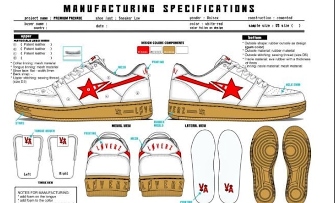 Create shoe tech packs for sneakers, boots, and sandals and 3d mock up ...