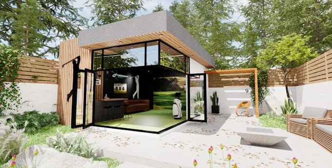 Render modern backyard golf studio,pavilion design ,leisure garden ...