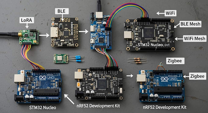 Use stm32, esp32, nrf52, arduino for lora, ble, wifi ble mesh, zigbee ...