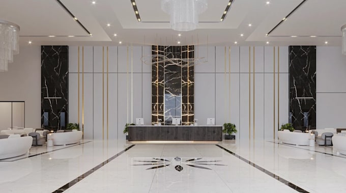 Function hotel interior space,reception lobby, walkway layout,cozy ...