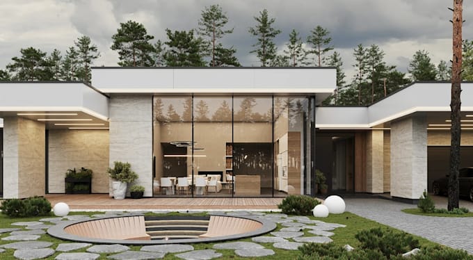 2d to 3d modern house, single story render,flat roof, open concept ...
