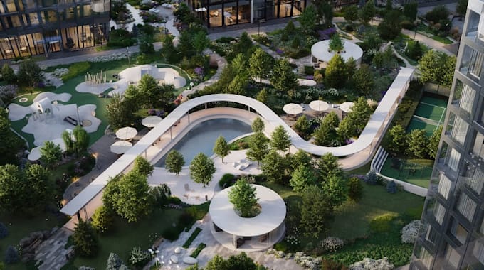 Remodel landscape aerial,complex building,3d master plan,cityscape ...