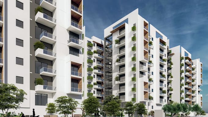 Render 3d apartment building, multistorey house exterior, outdoor ...