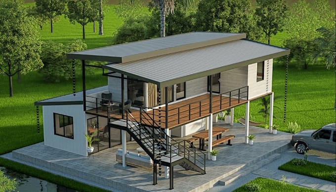 Design modern elevated farm house, floor layout, exterior staircase ...