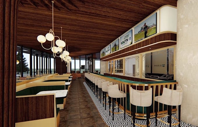 Elevate high end golf clubhouse, golf lounge render, lobby, bar ...