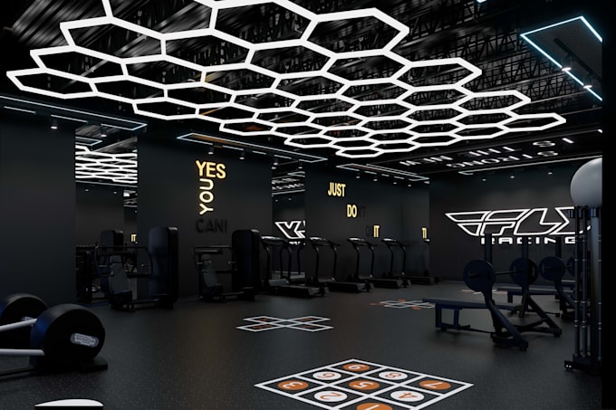 Design and 3d render a modern, functional gym with details by ...