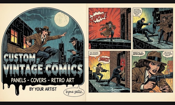Create custom vintage comic art panels retro book illustration classic ...