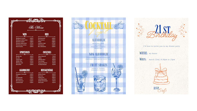 Design aesthetic menus, birthday cards and printable designs by Sofia ...