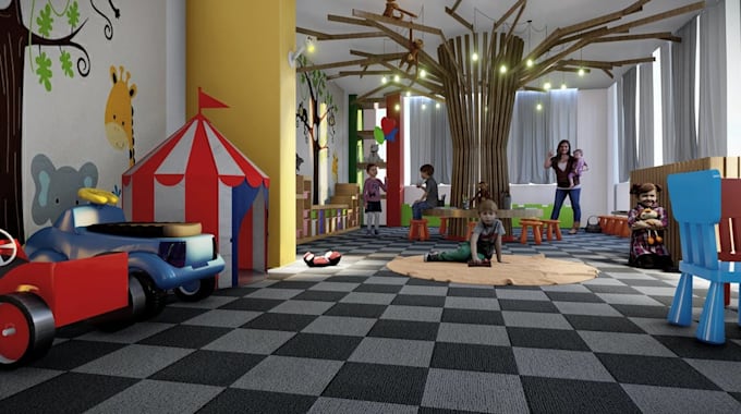 Render 3d preschool,interior design, nursery room,kids play room, cgi ...