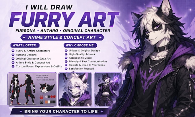 Draw furry, fursona, anthro and original character concept art in anime ...