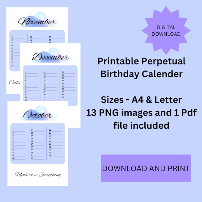 Provide printable annual and birthday calendar by Jaanvi_ty | Fiverr
