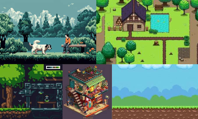 Create a pixel art game background, tileset, cutscene, game asset for ...