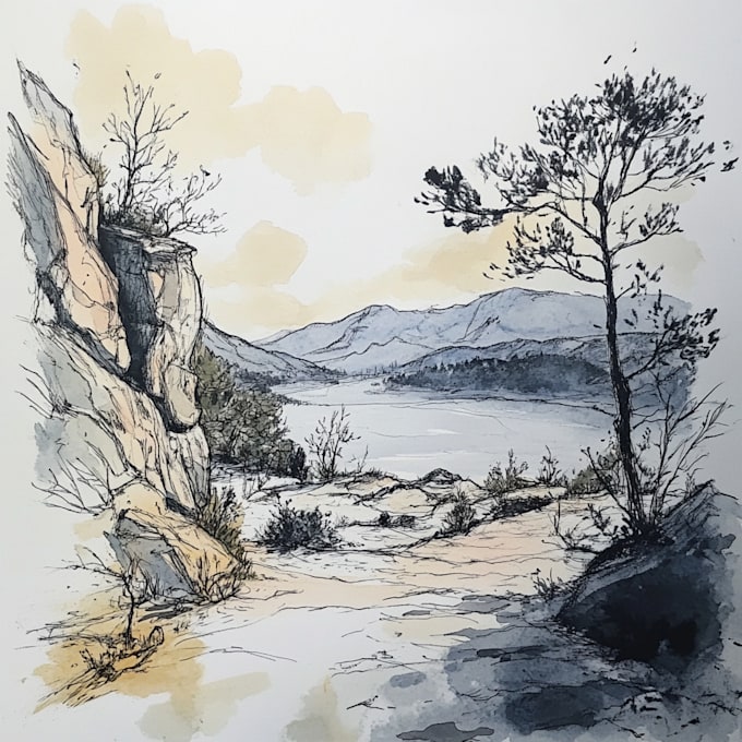 Hand draw landscape sketch watercolor and ink by Anngden | Fiverr