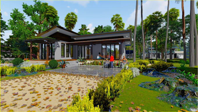 Render exterior style houses,front yard,forest build,landscape,floor ...