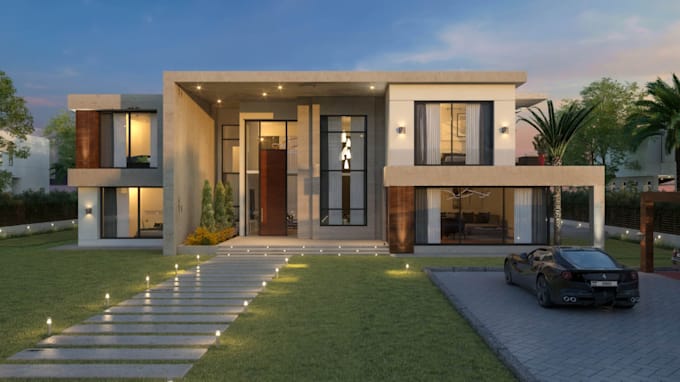 3d front elevation,outdoor footstep,garden lawn,entrance,driveway,house ...