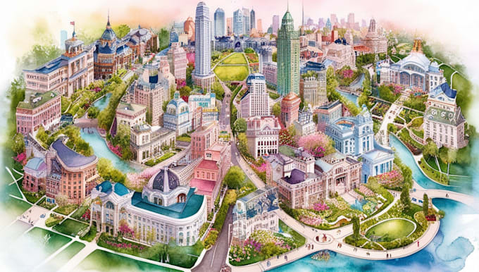 Create a detailed watercolor map illustration of your city by ...