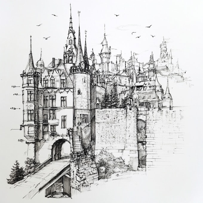 Draw detailed line art or sketch illustration for building by ...