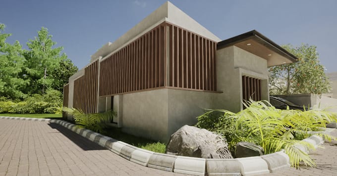 Remodel 3d facade exterior design,front paved,car parck model,cgi lawn ...