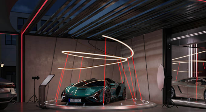 Retouch 3d luxury car showroom interior, car park, skp rendering, cgi ...
