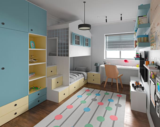 Design kids room, playroom, nursery interior, wall decor, realistic 3d ...