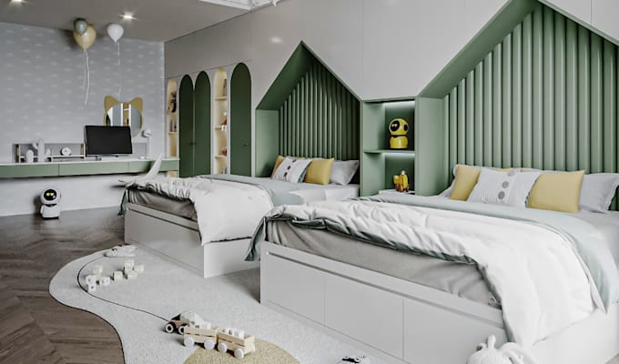 Redesign children rooms, study desk, cgi game area, modern bedframe, vray render by Kelareh | Fiverr