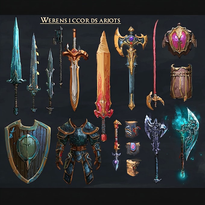 Draw any weapons, armors and items concept art by Weariri | Fiverr