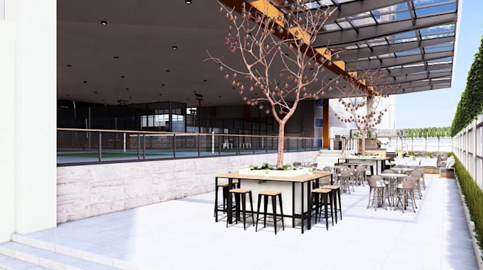 Outdoor lounge rooftop cafe, restaurant patio, paddle court facility ...