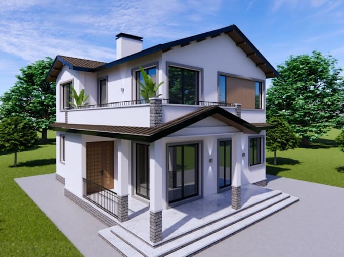 Construct 3d modern two story house exterior, entrance porch,landscape ...