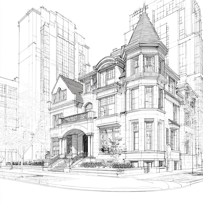 Sketch line drawings of architectural buildings and houses by Vigrursu ...