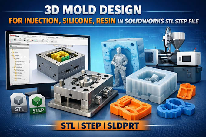 Create 3d mold design for injection, silicone, resin in solidworks stl ...
