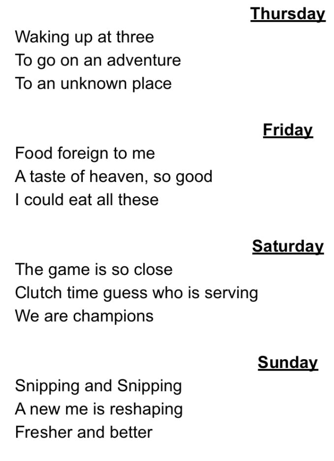 Create 5 original haiku poems by Zoe547