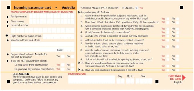 Guide you to fill in the australian incoming passenger card by Kingyip