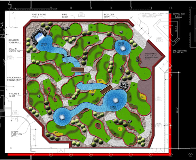 Design and draw in autocad a single miniature golf hole by Minigolf