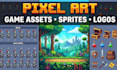 Ativos de jogo em pixel art, personagem, sprite sheet, fundo e logo em ...