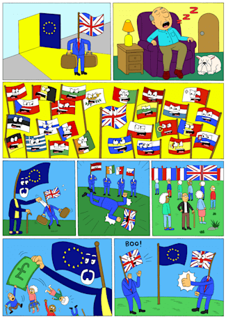 Draw a 4 panel cartoon strip by Alastairlaird