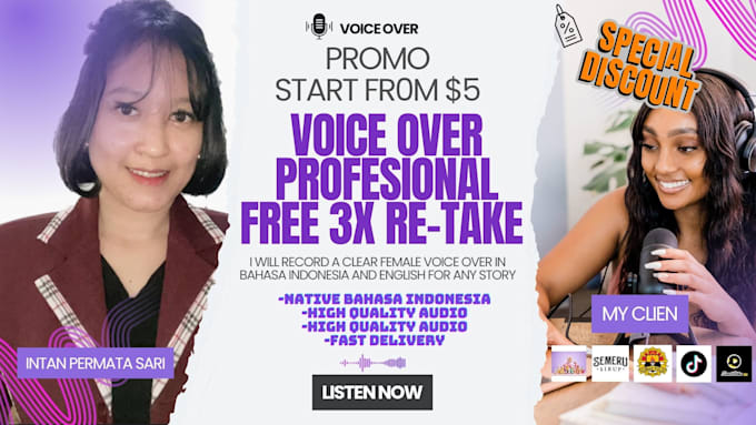Record a professional voice over in indonesia and english by Intanpsar ...