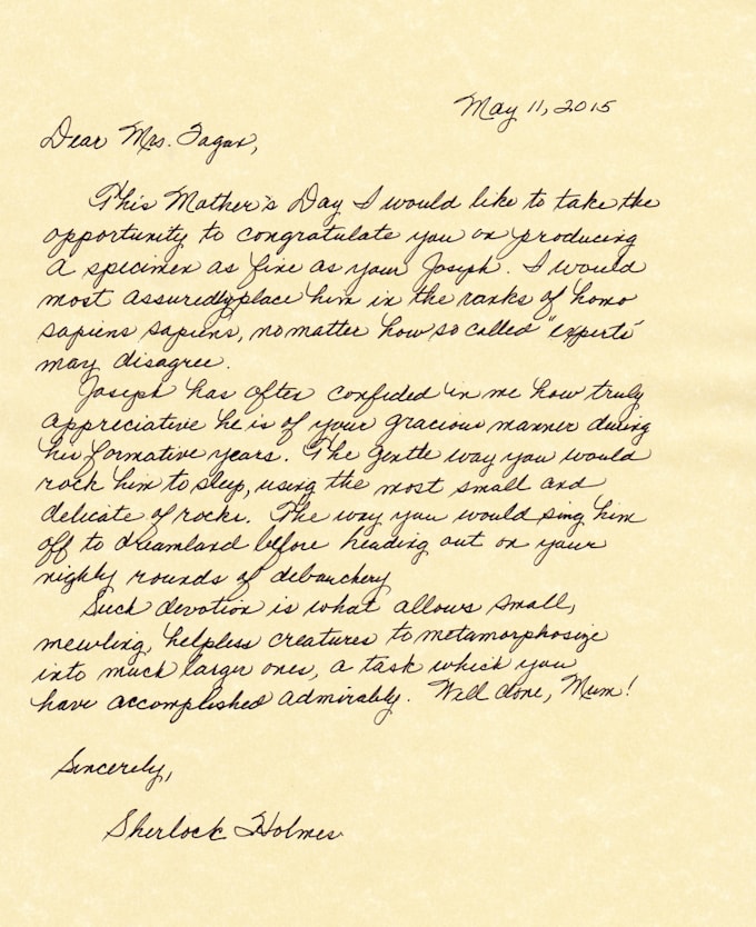 Create a handwritten letter from sherlock holmes by Nickwilk