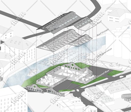 Make a 3d exploded axonometric architecture diagram by Ahmedkita
