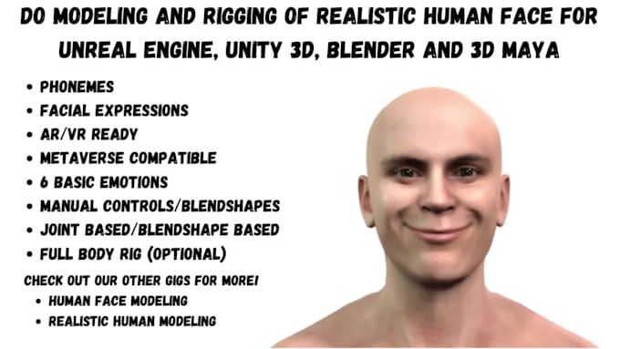 Do modeling and rigging of realistic human face for unreal engine, unity, maya by ...