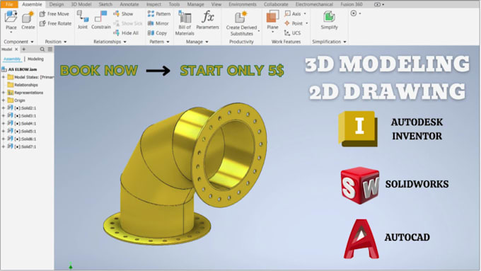 Make 3d model from 2d drawings using solidworks , inventor by Trung0401 | Fiverr