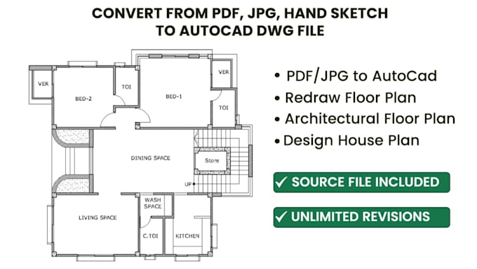 Convert from pdf, jpg, rough sketch to autocad drawing by Tech_bayzid | Fiverr