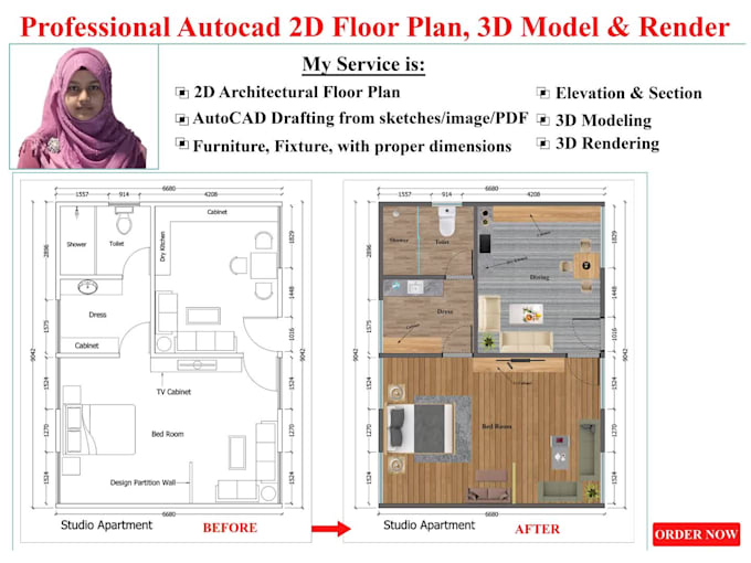 Design autocad 2d plan, 3d model and renders