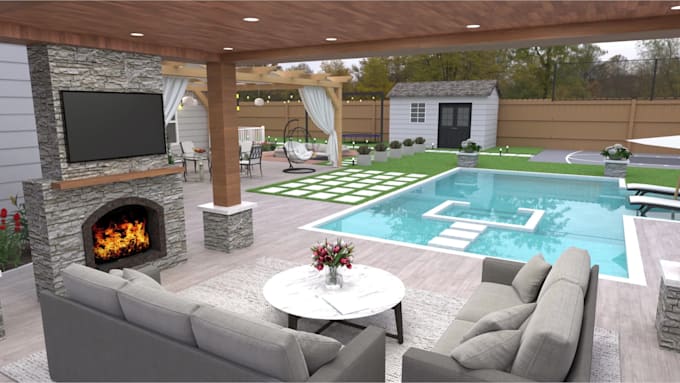 Do backyard landscape design, patio, pool with landscape rendering by ...