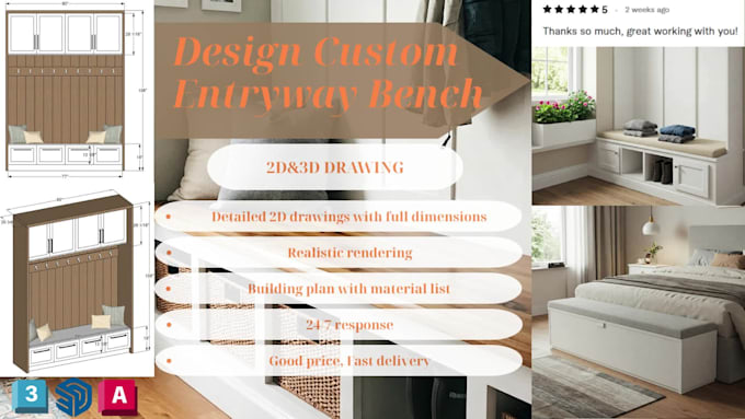 Design custom 2d and 3d drawings of entryway benches for you by ...