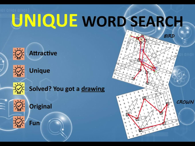 Create unique, original, unusual word search puzzle, kids drawing bonus ...