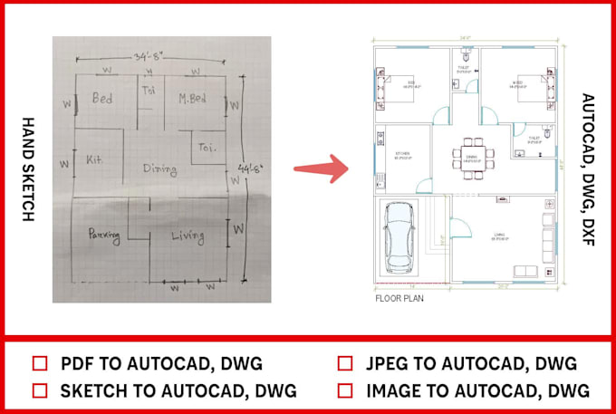 Convert pdf, jpg, blueprints, sketch or image drawing to autocad dwg by Arch_studio89 | Fiverr