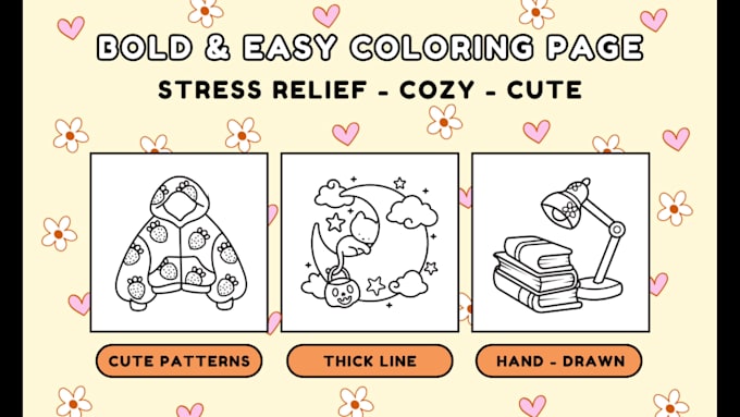 Draw bold and easy cozy coloring pages with cute designs by Alii_art ...