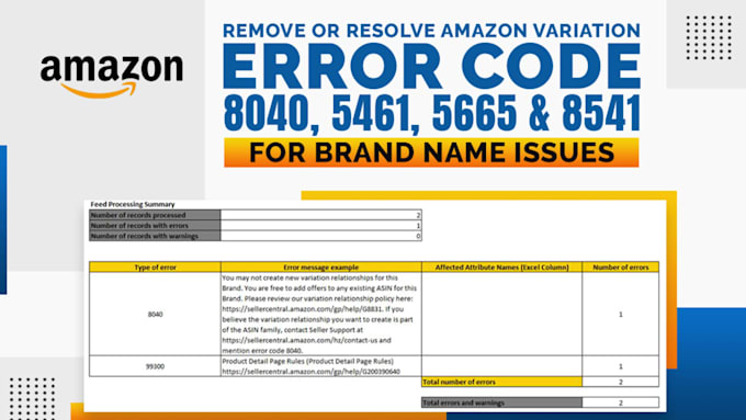 Fix or resolve amazon listing or product variation error code 8040, 8541, 5461 by Zeestar36 | Fiverr