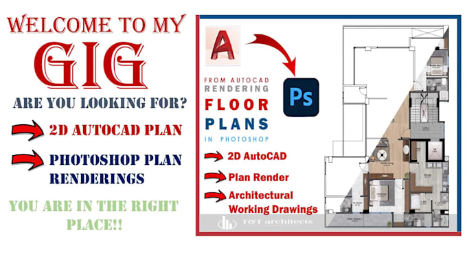 Design architectural 2d autocad drawings plan to photoshop 2d plan ...